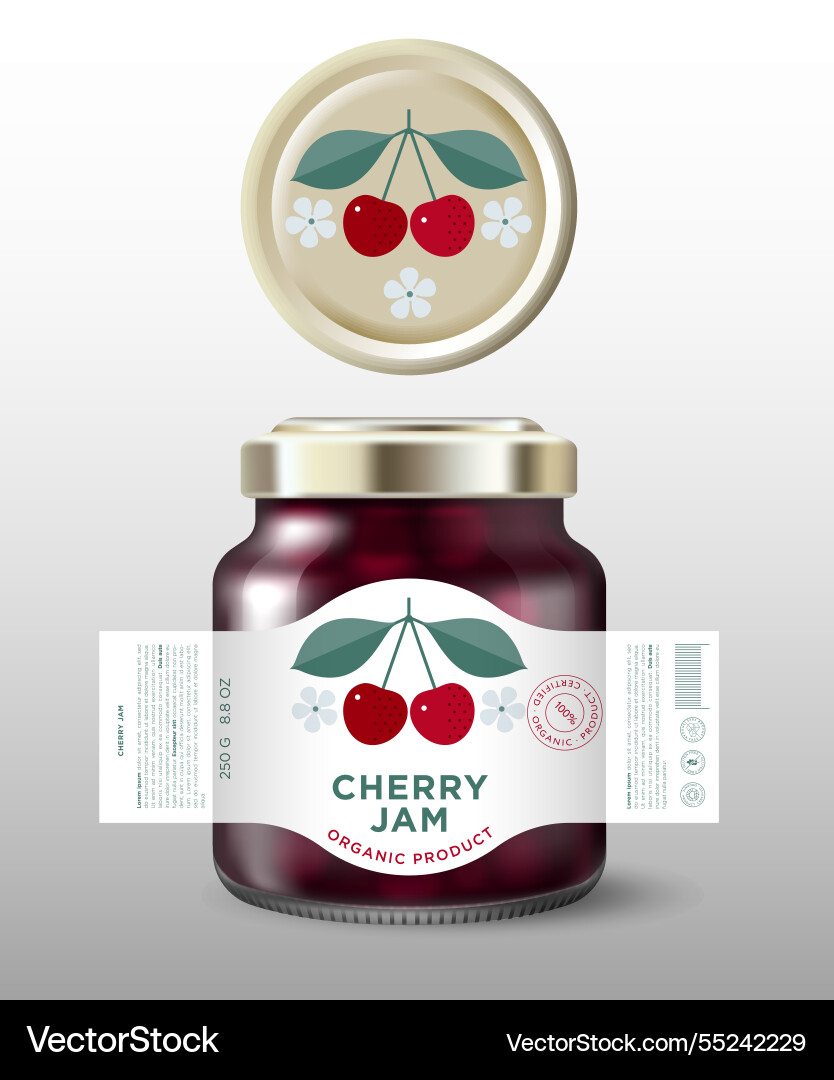 Red cherry jam label packaging mockup jar lid Vector Image