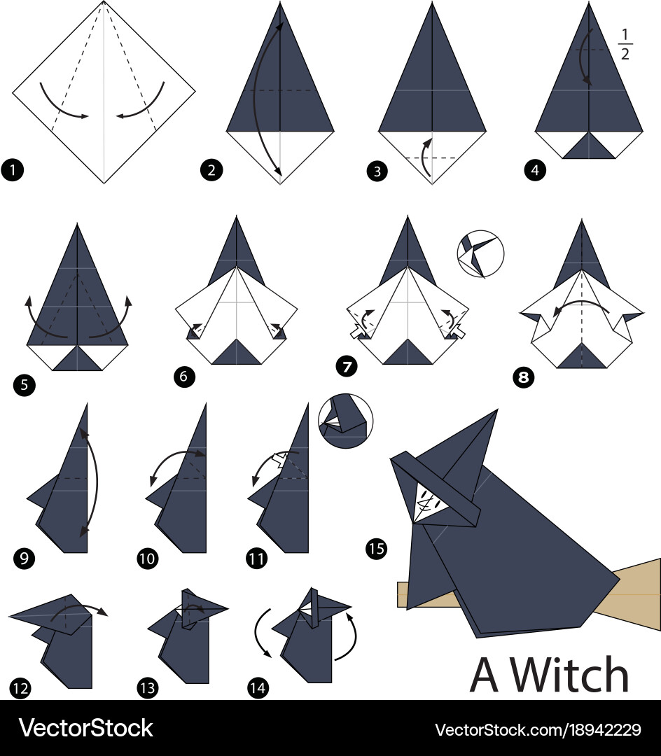 Step instructions how to make origami a witch Vector Image