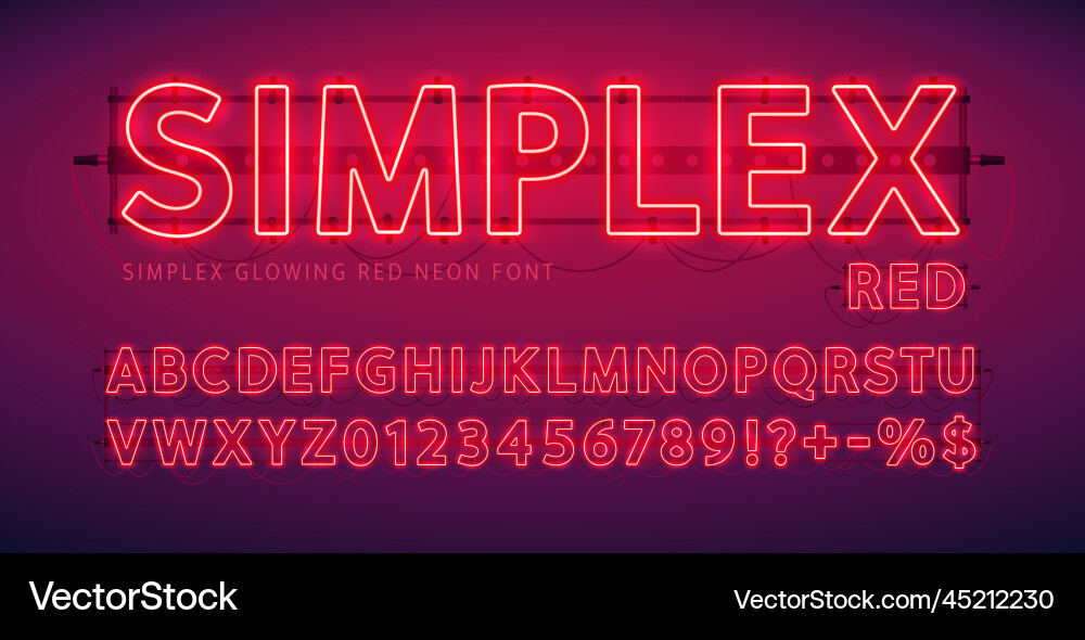 Glowing red neon simplex font Royalty Free Vector Image