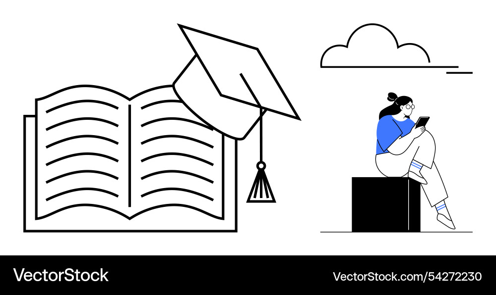 Graduation cap on open book with student reading Vector Image