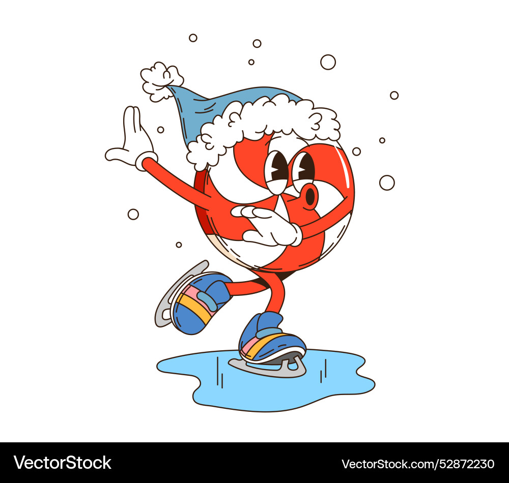 Retro groovy christmas candy character ice skating