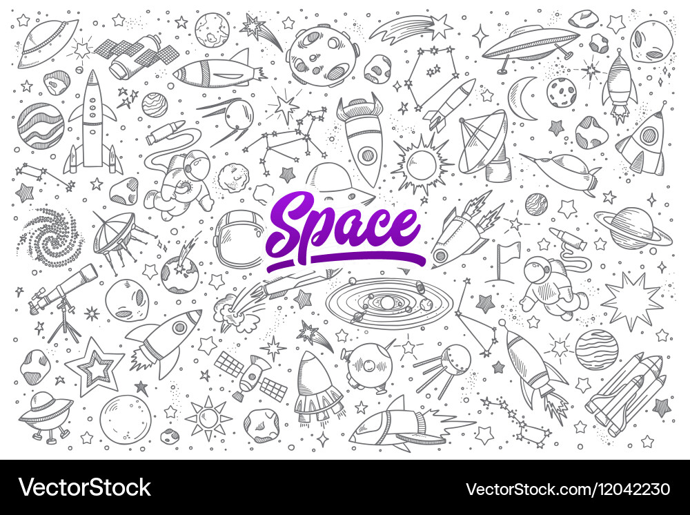 Space doodle set with lettering Royalty Free Vector Image