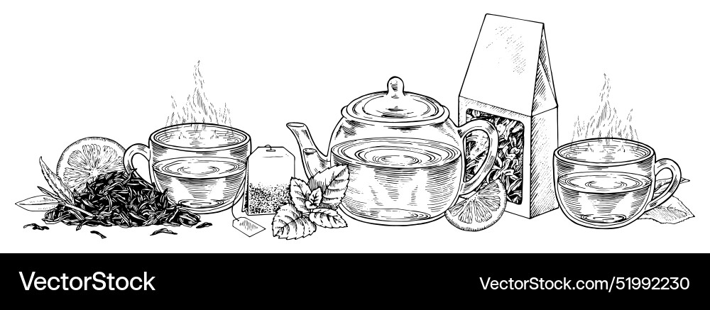 Tea border hand drawn teapot Royalty Free Vector Image