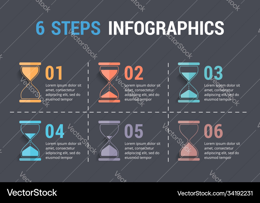 6 Stufen Infografiken mit Stundenglas Lizenzfreier Vektor
