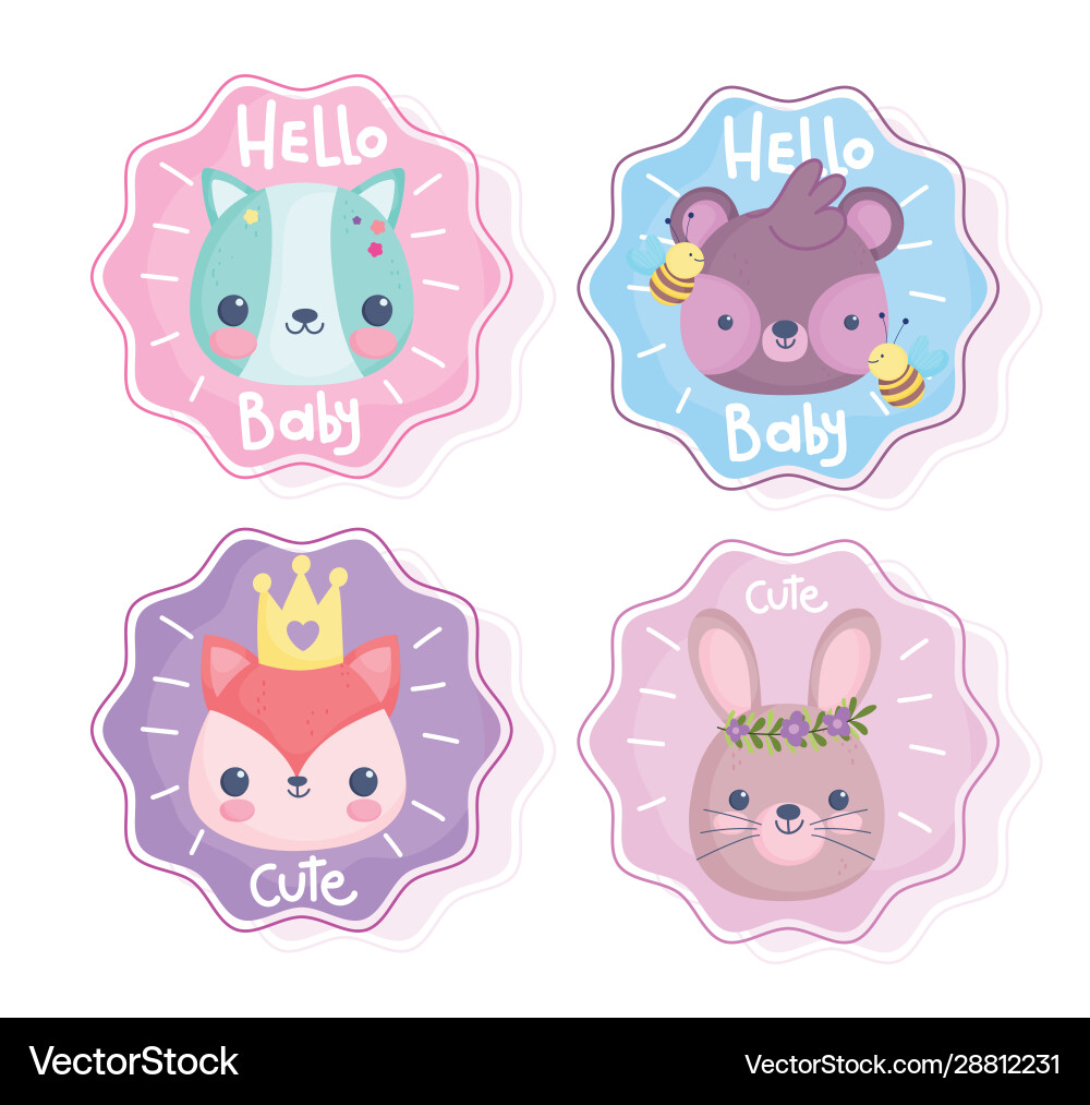 Cute animals hello baby little rabbit bear fox Vector Image