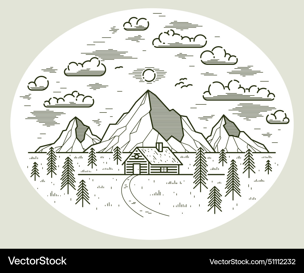Cabin in mountains linear nature isolated Vector Image