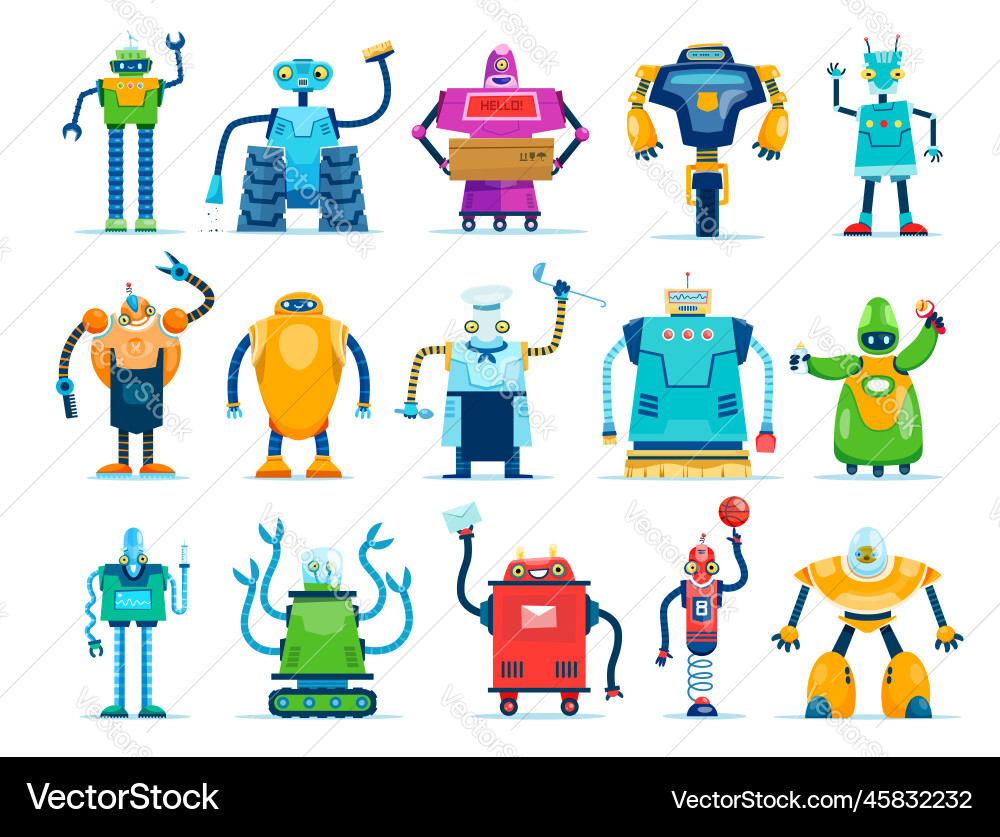 Cartoon robots droids characters cyborgs Vector Image