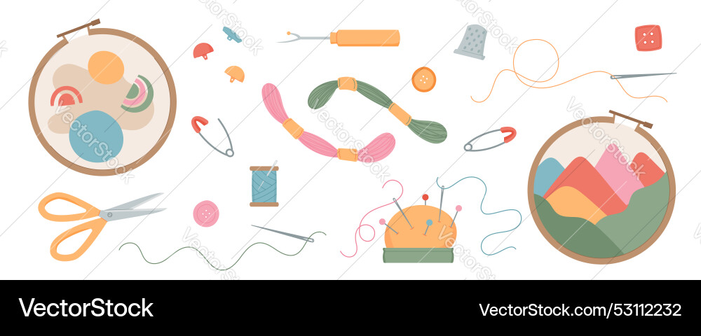 Sewing tools and embroidery supplies kit Vector Image