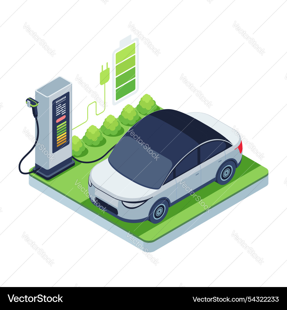 Isometric electric car charging at a station Vector Image