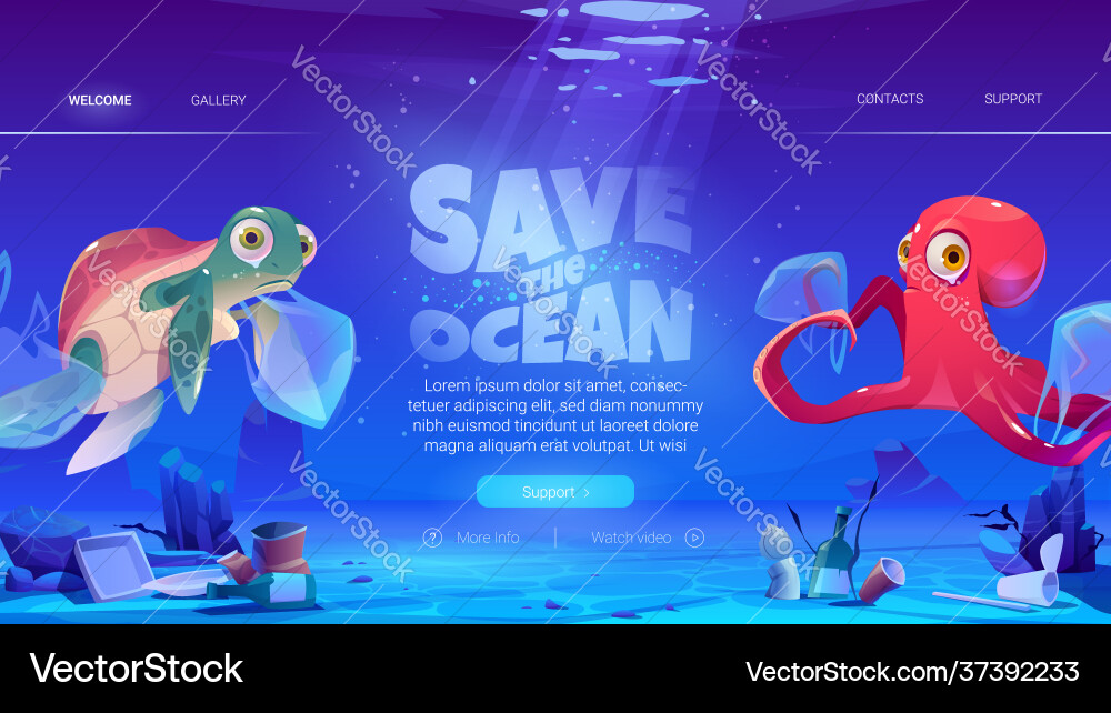 Save ocean website with sea animals and waste Vector Image