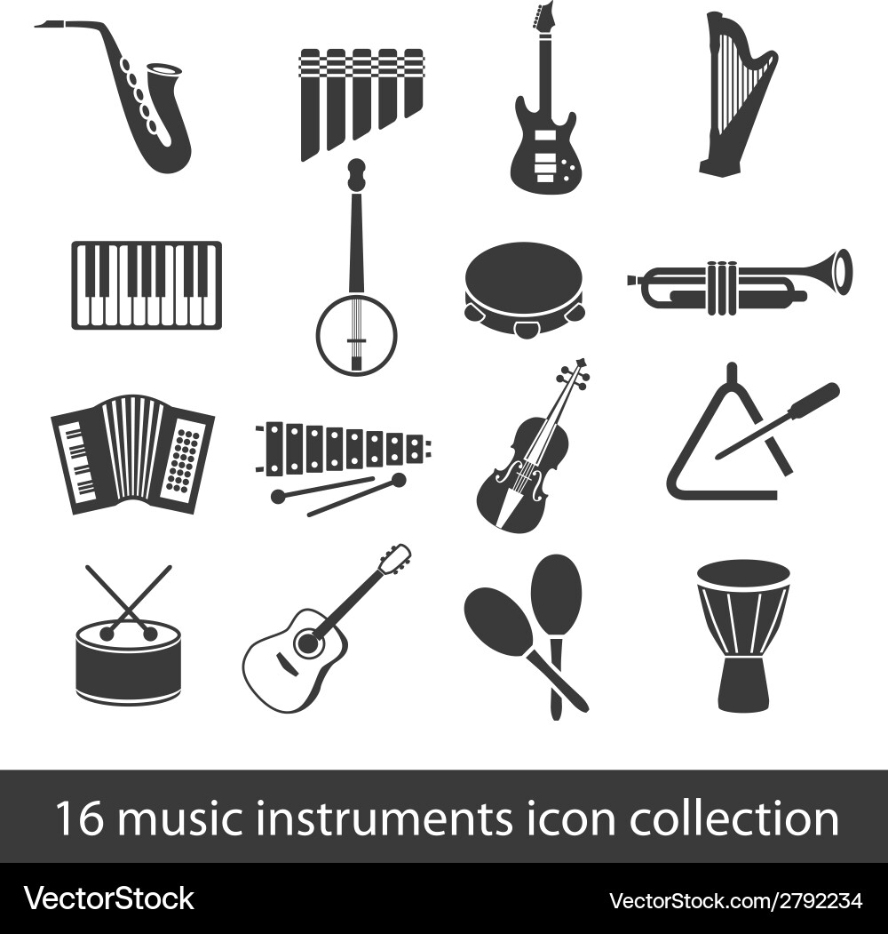 16 music instruments icon collection Royalty Free Vector