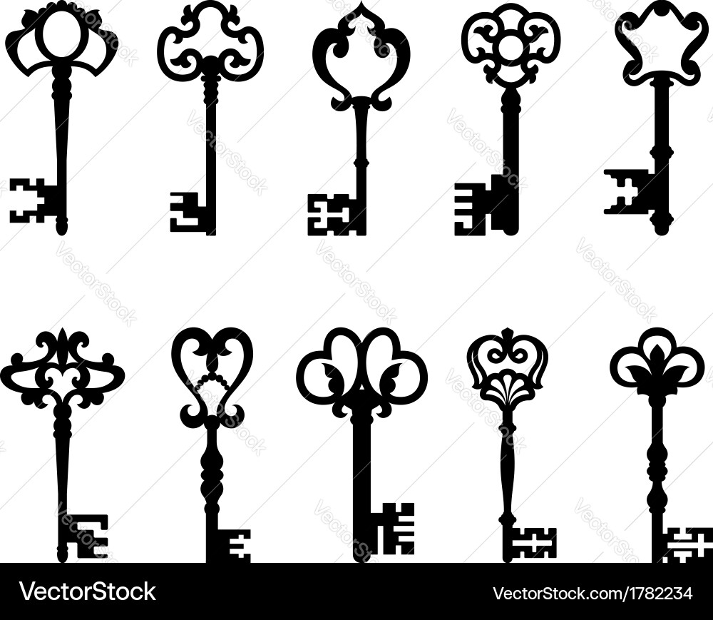Black vintage keys set Royalty Free Vector Image