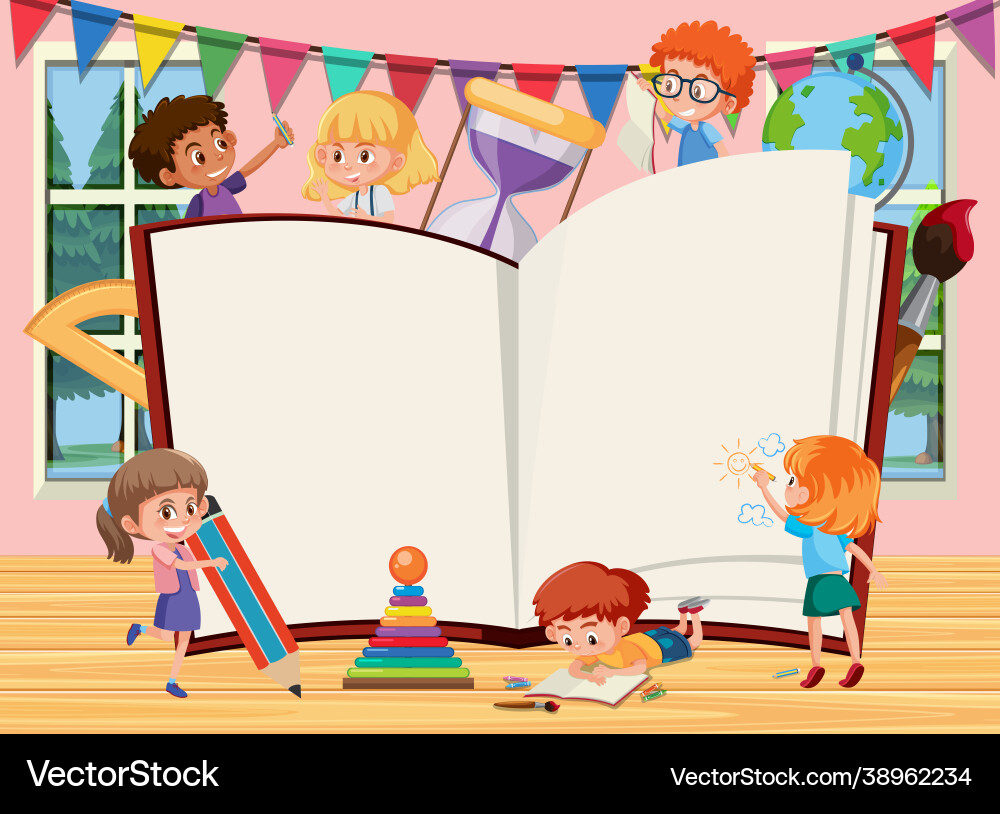 Empty opened book with school kids cartoon Vector Image