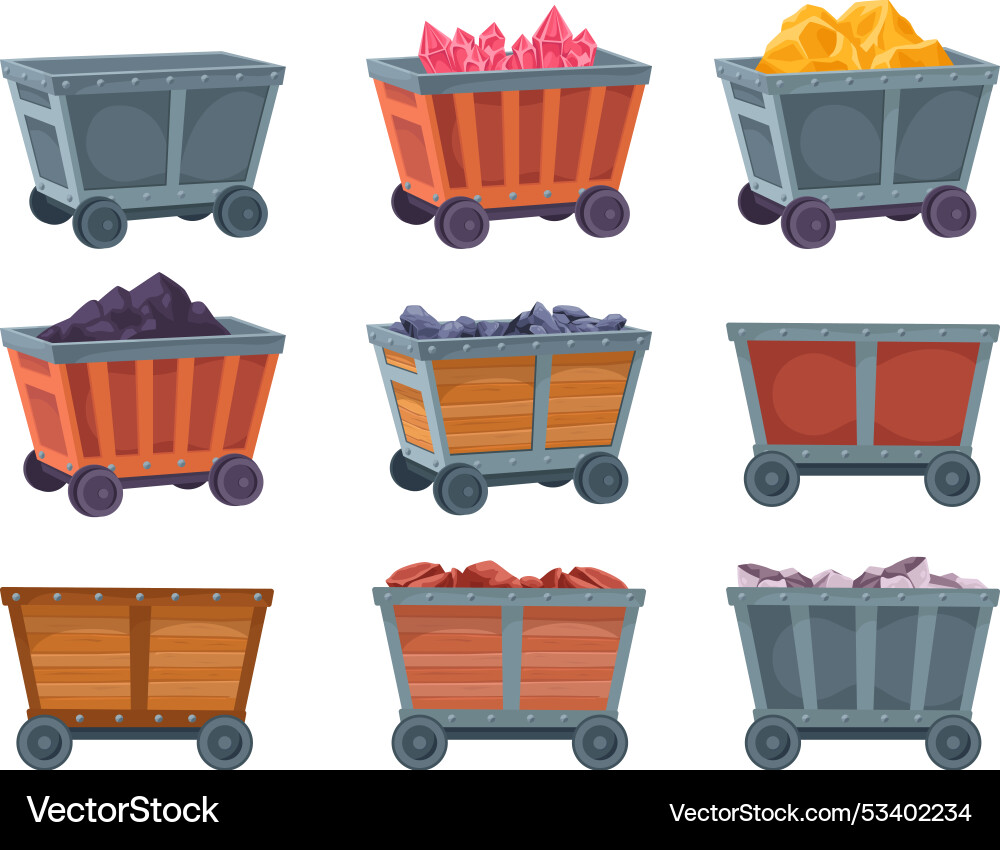 Mining carts minecarts wood metal mine wagons Vector Image