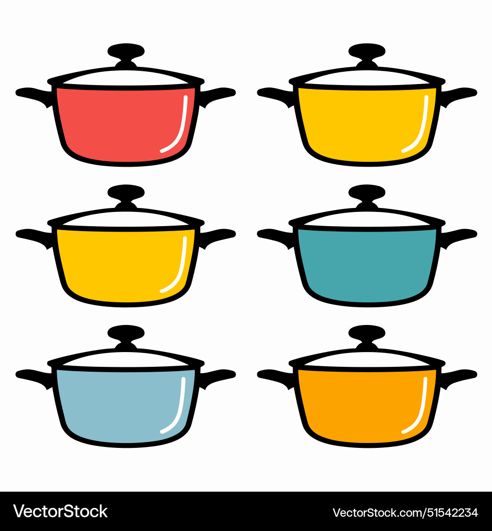 Six colorful cooking pots arranged two rows three Vector Image