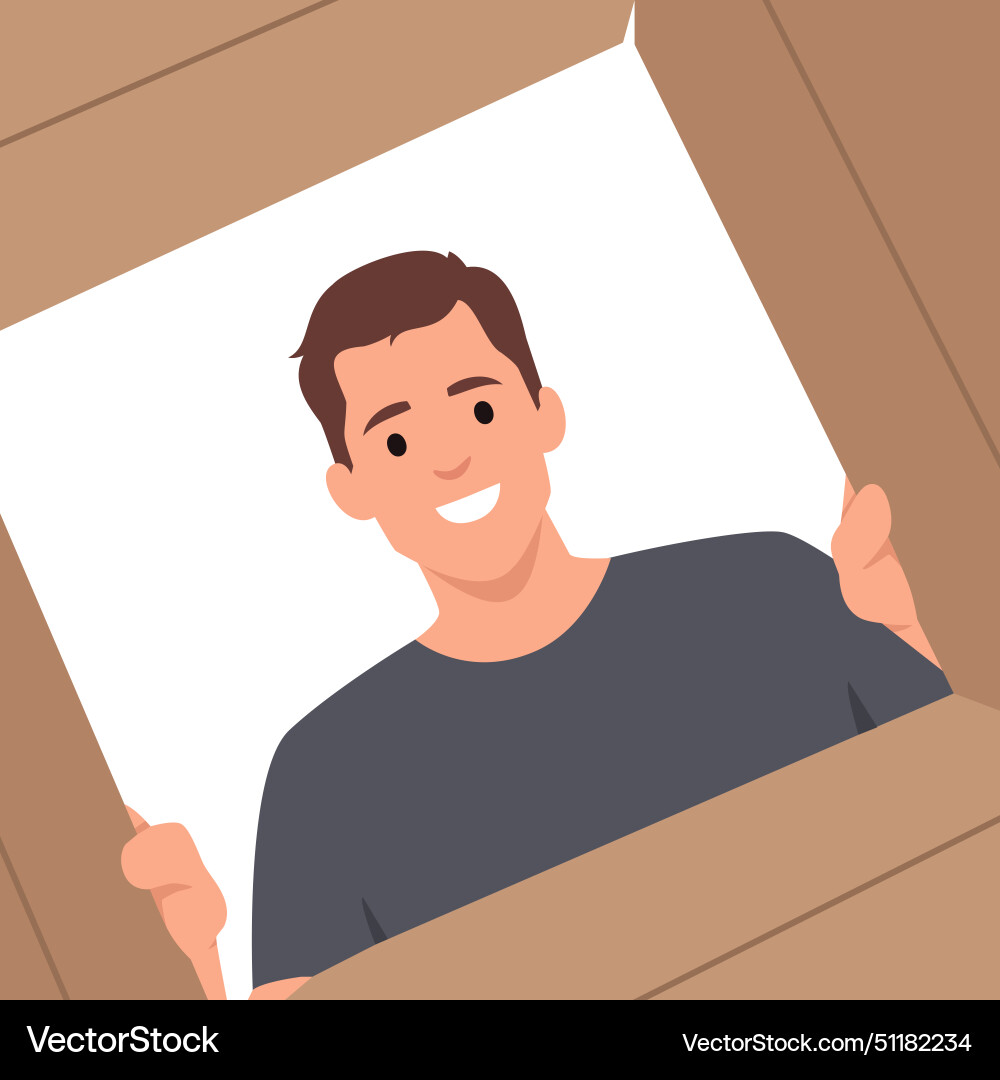 Surprised man unpacking opening carton box Vector Image
