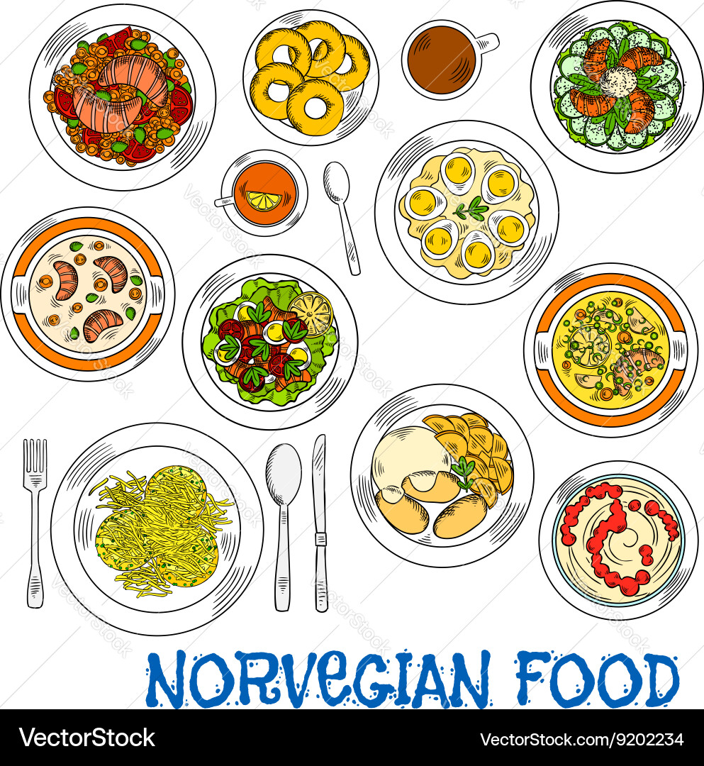 Traditional norwegian seafood and vegetable dishes