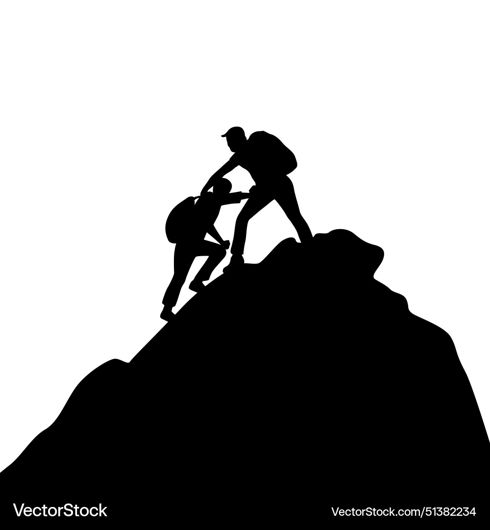 Two people climbing on mountain and helping Vector Image