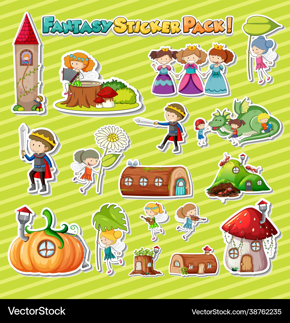 Sticker set with different fantasy cartoon Vector Image