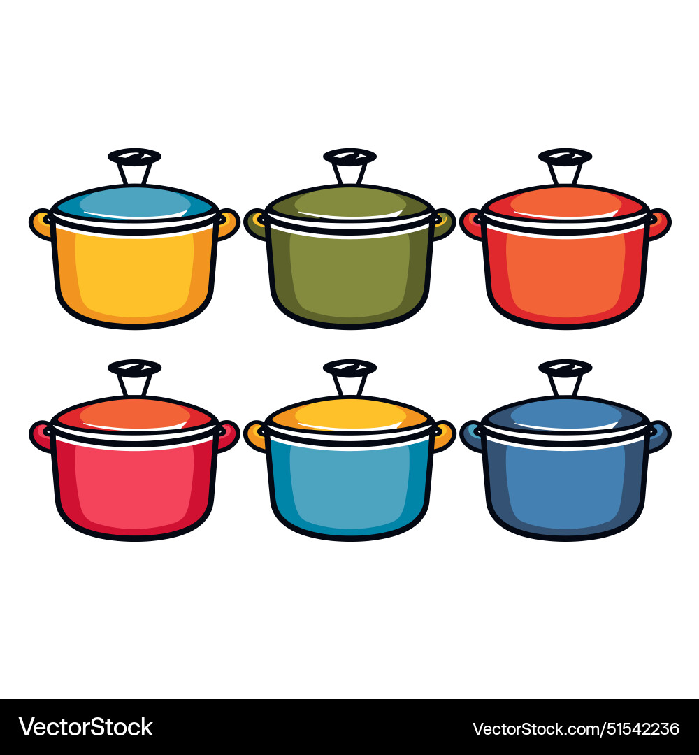 Colorful cooking pots arrayed two rows kitchen Vector Image