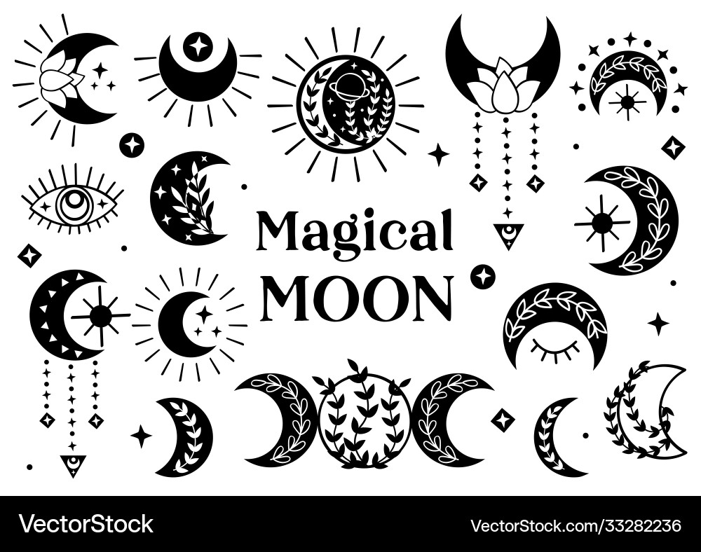 Set isolated black magical moon icons Royalty Free Vector