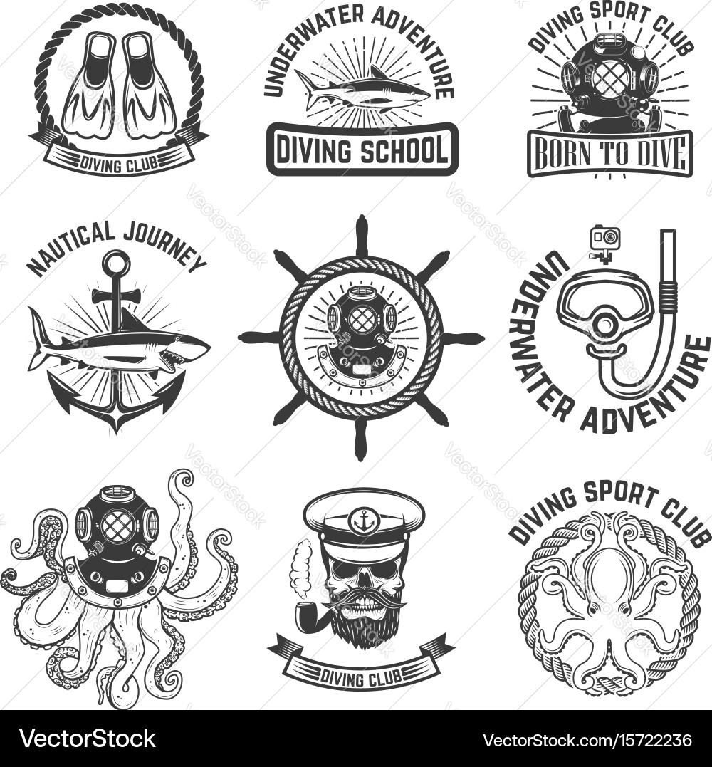 Set of scuba diving club emblems design elements Vector Image