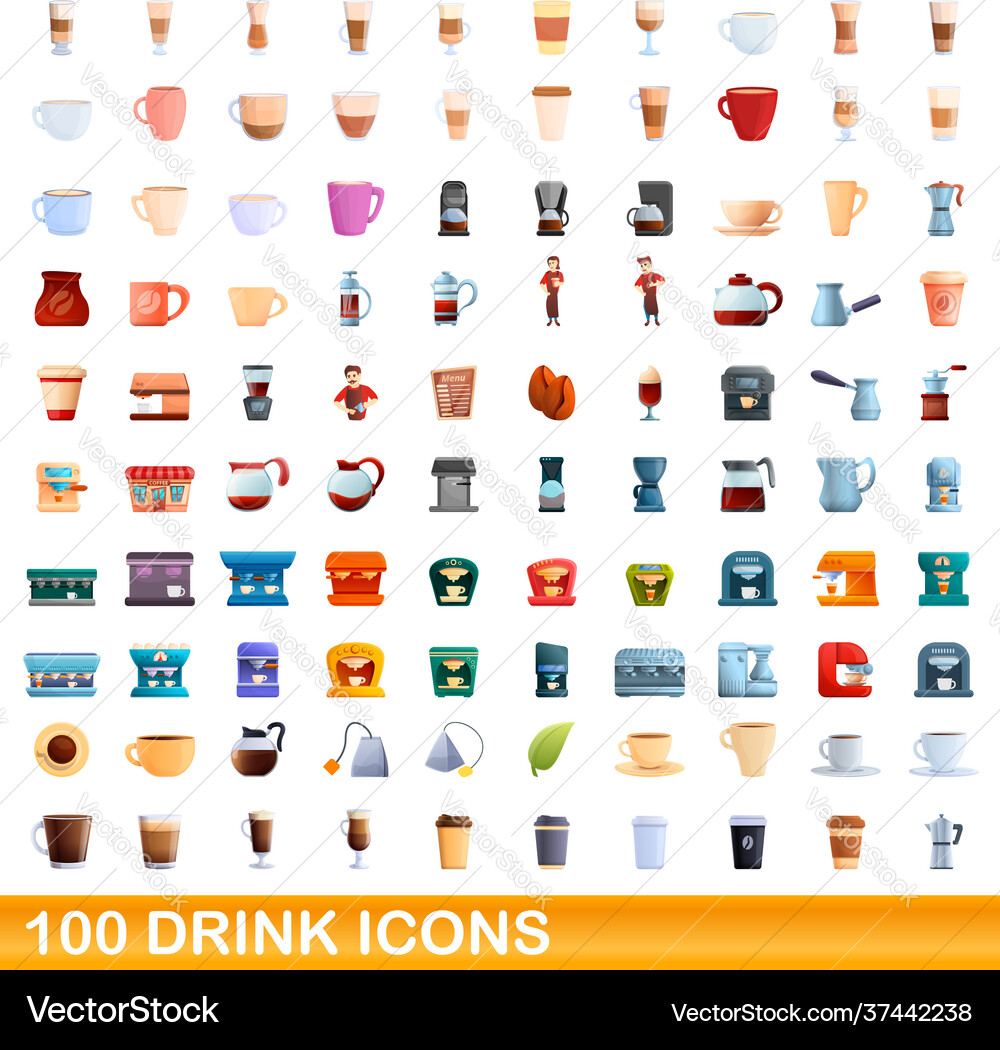 100 drink icons set cartoon style Royalty Free Vector Image