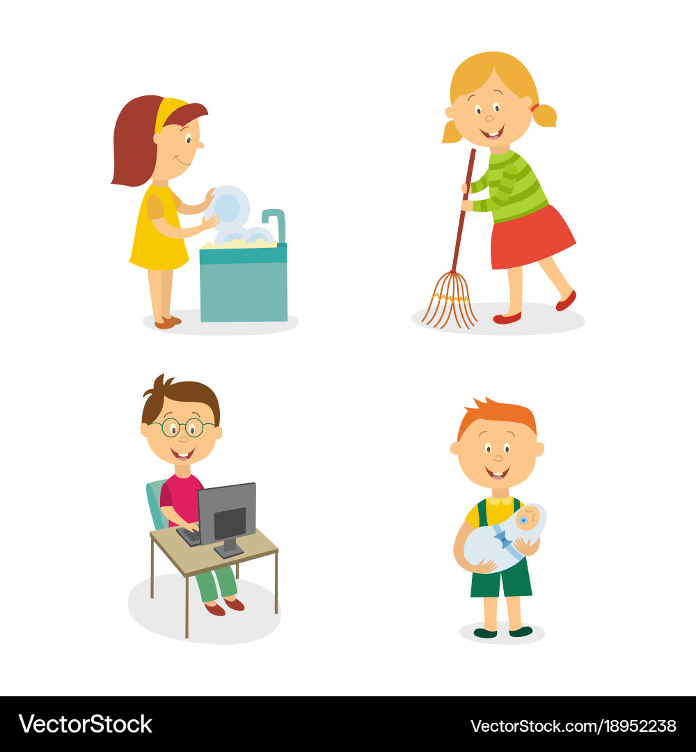 Flat kids doing household chores set Royalty Free Vector