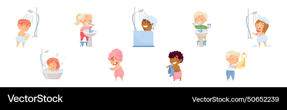 Kid characters washing enjoy bath hygiene Vector Image