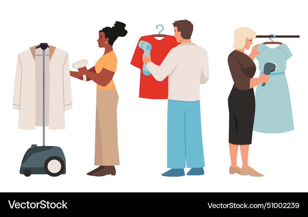 People who care about wardrobe with steamer flat Vector Image