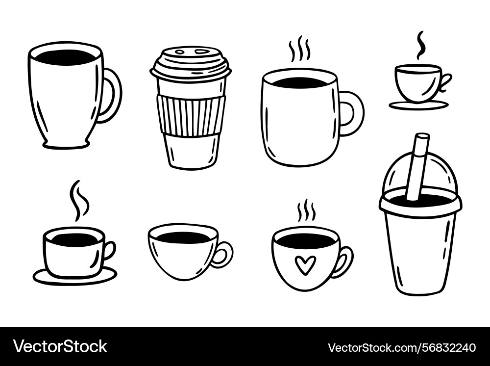 Coffee cups doodle set coffee cup hand drawn line Vector Image