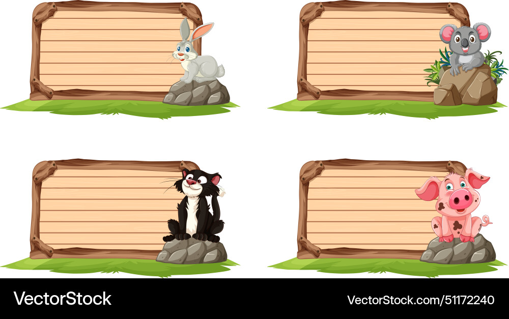 Four cartoon animals posing with blank signboards Vector Image