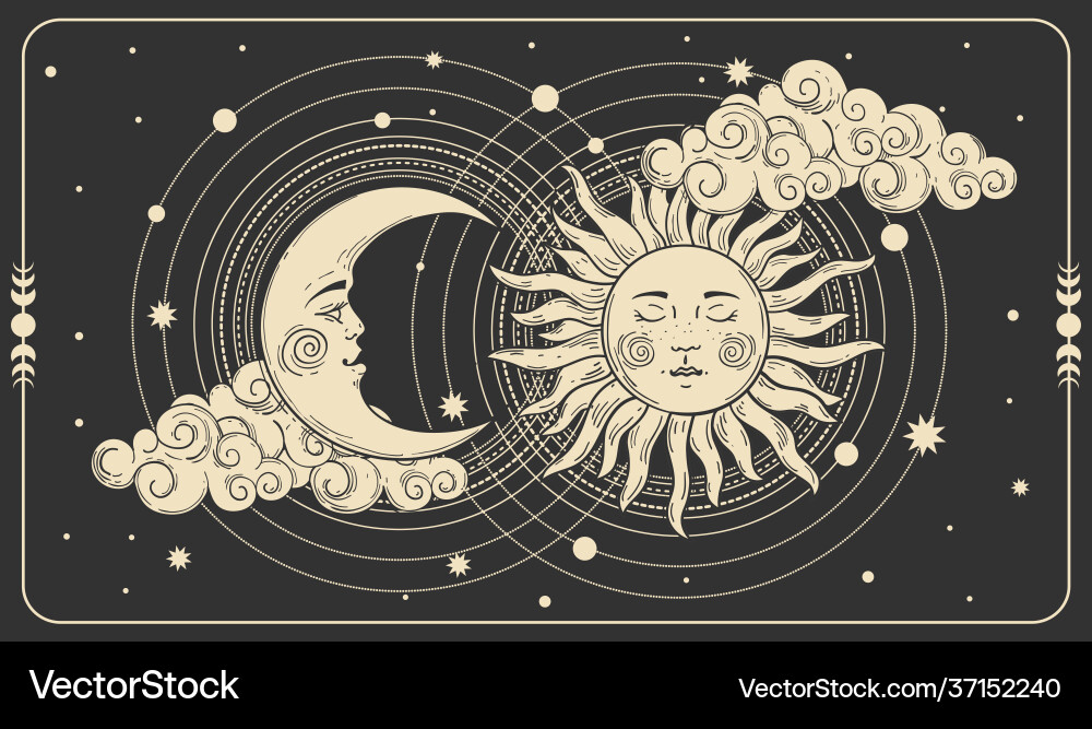 Sun and a crescent moon with face on black Vector Image