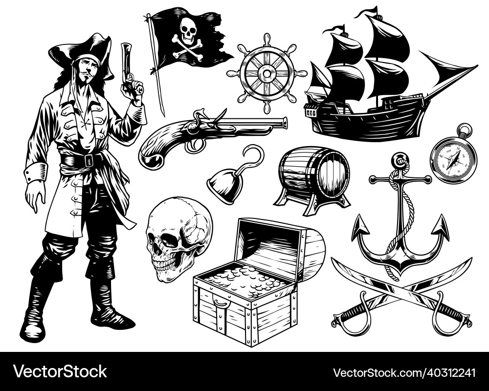 Set of vintage hand drawn pirate objects Vector Image