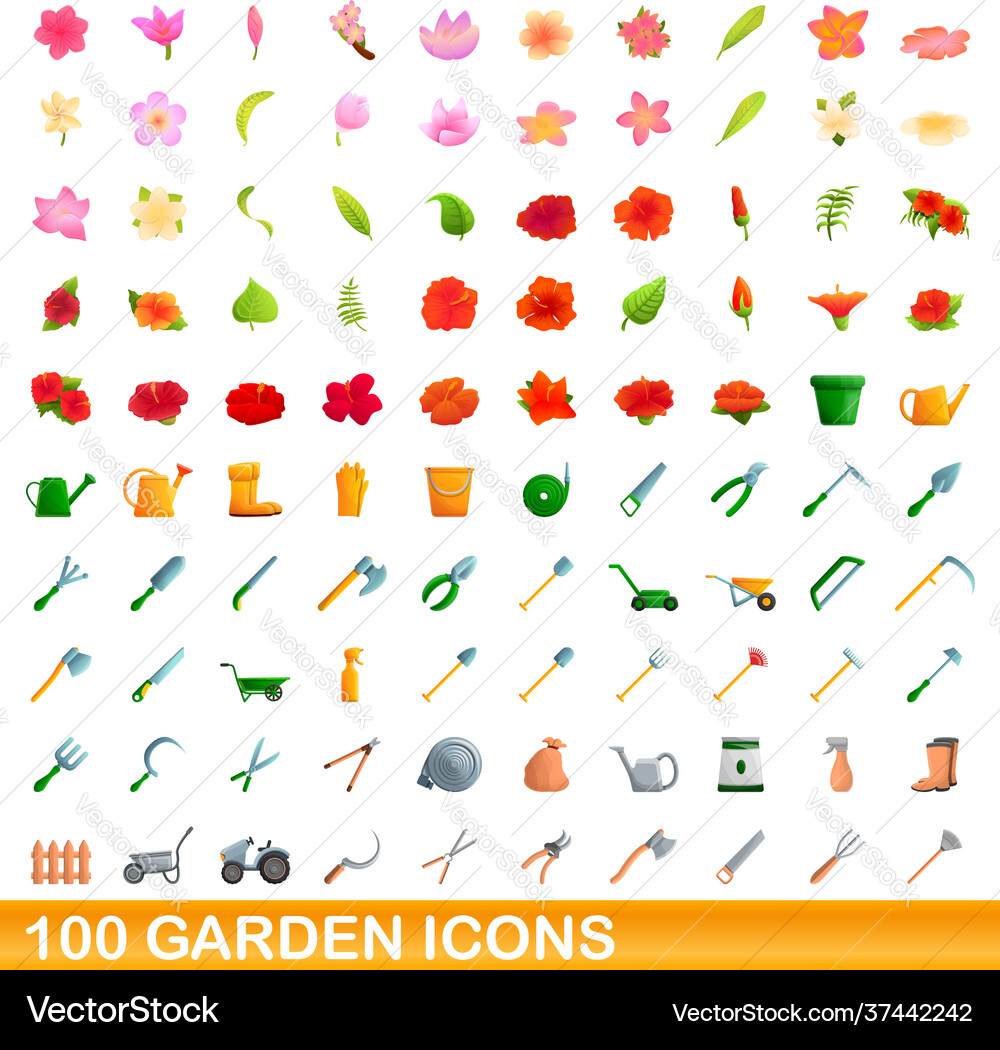 100 garden icons set cartoon style Royalty Free Vector Image