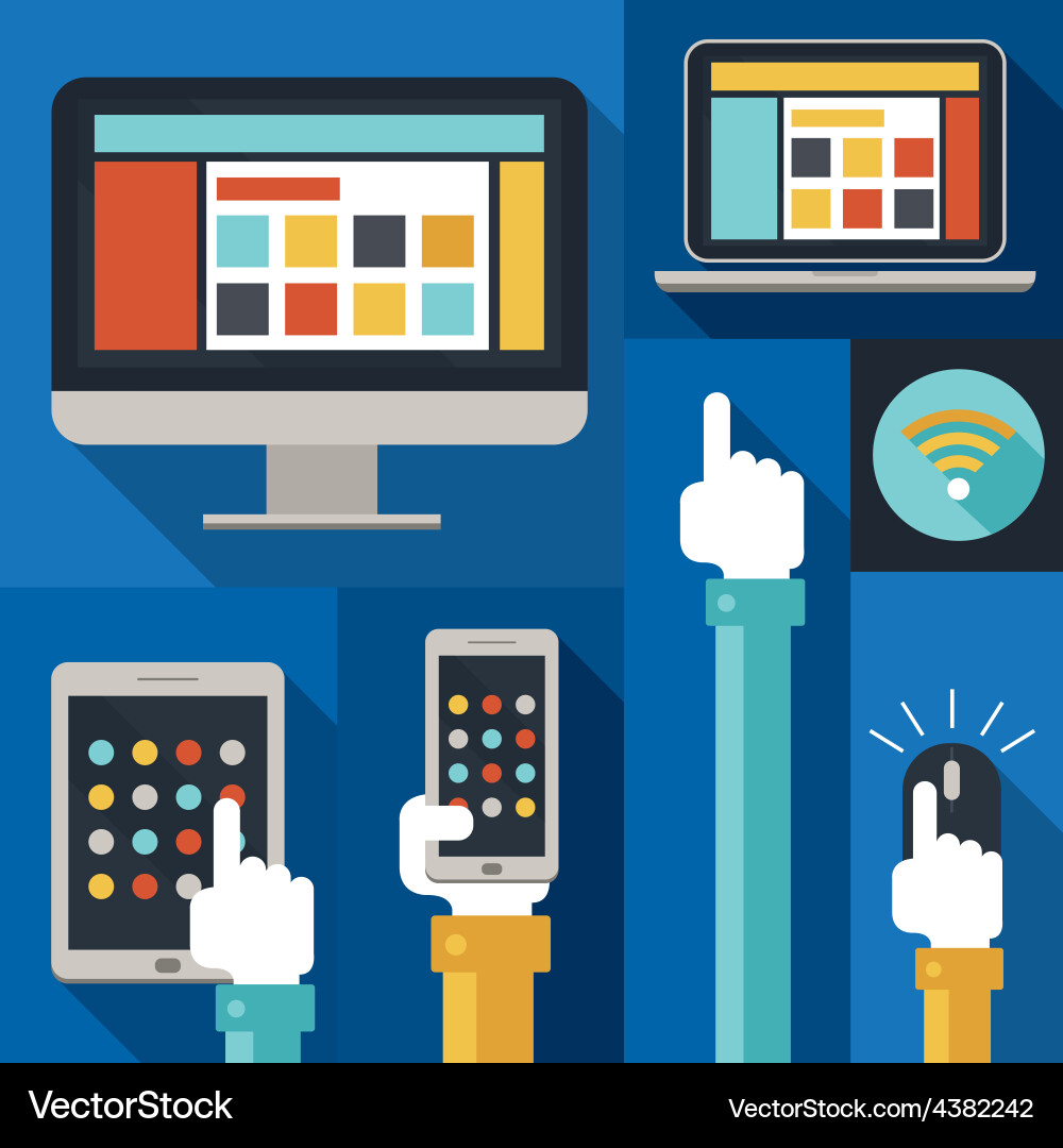 Hands with computer laptop tablet mobile phone Vector Image