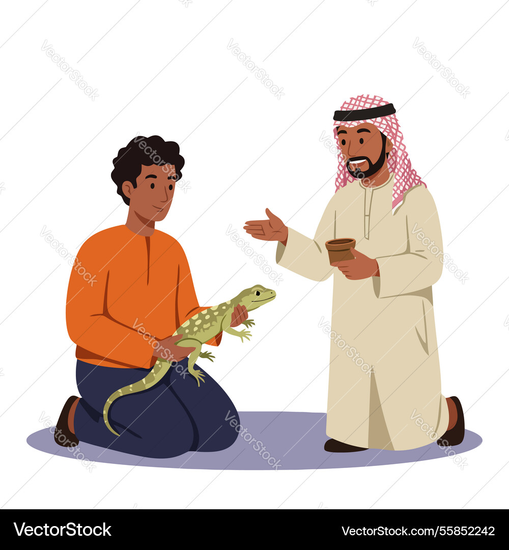 Man holding gecko talking with another Royalty Free Vector