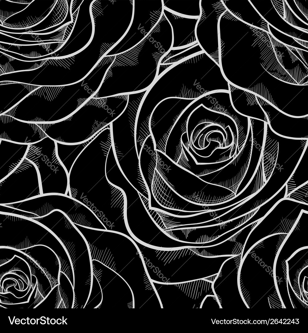 Black and white seamless pattern in roses contours