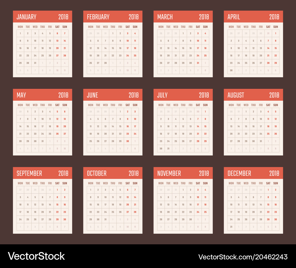 Calendar for 2018 starts monday Royalty Free Vector Image