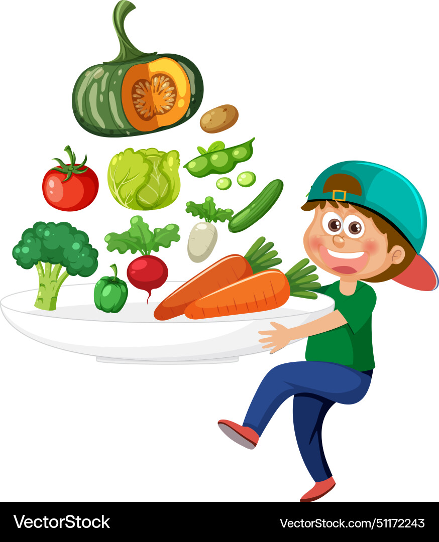 Cartoon boy with various colorful vegetables Vector Image