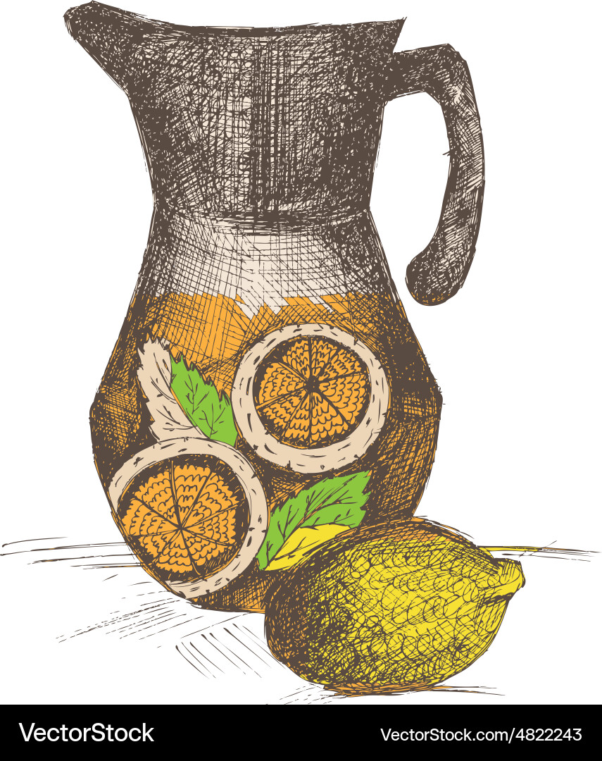 Lemonade Pitcher Drawing Glass Jug With Lemonade And Ice On A White