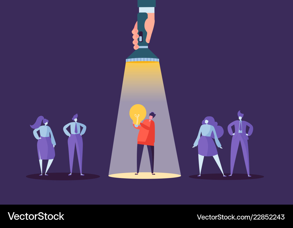 Hand flashlight pointing at businessman character Vector Image