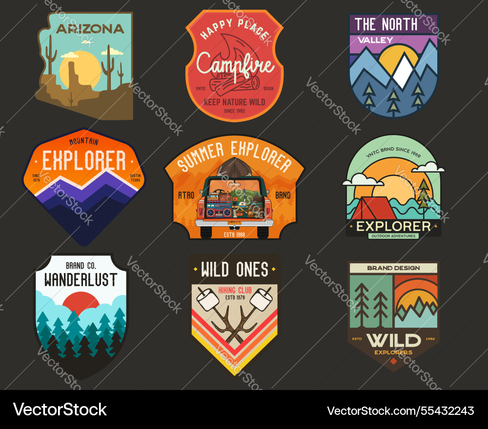 Set of vintage camping badges featuring various Vector Image