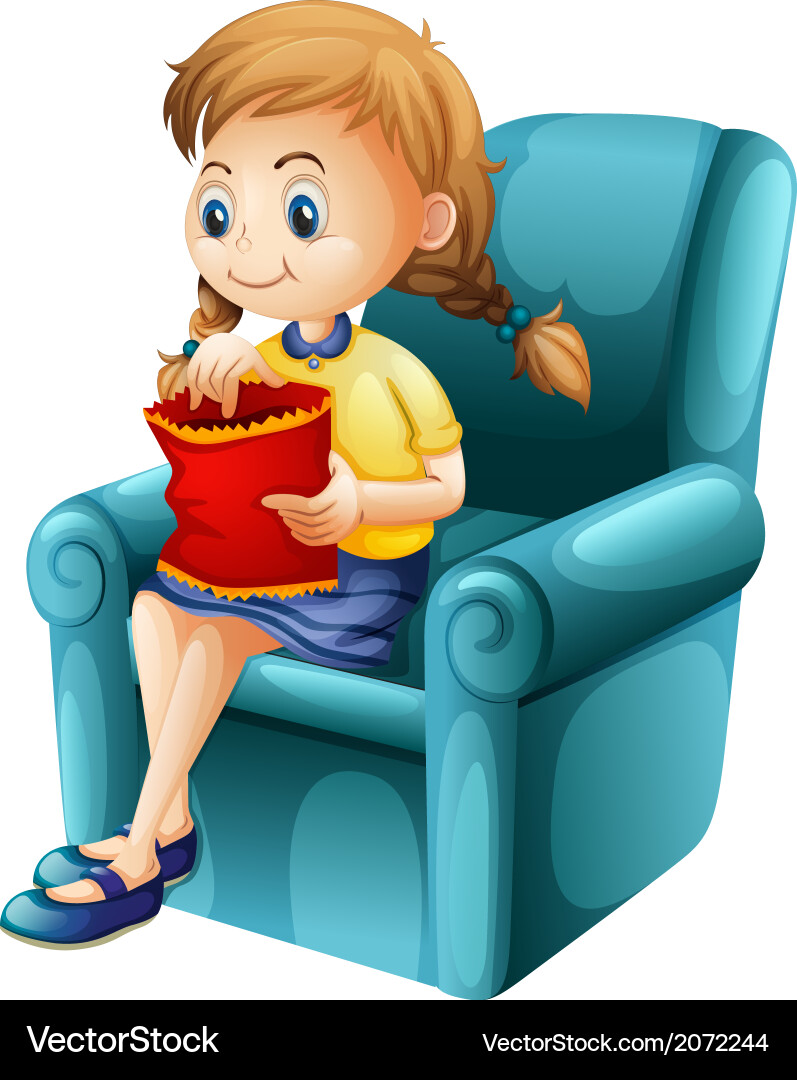 A girl eating junkfoods while sitting down Vector Image