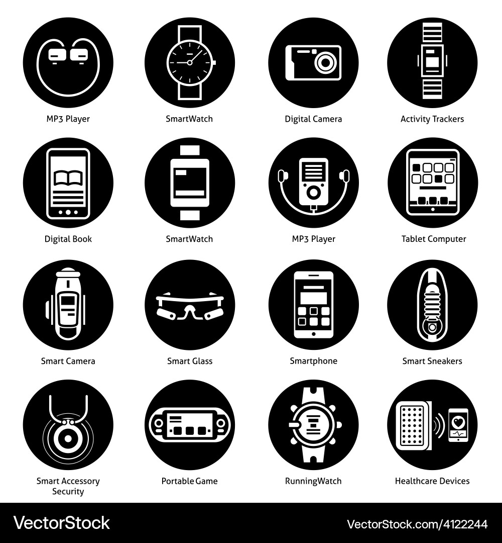 Tragbare Technologie Icons schwarz Lizenzfreies Vektorbild