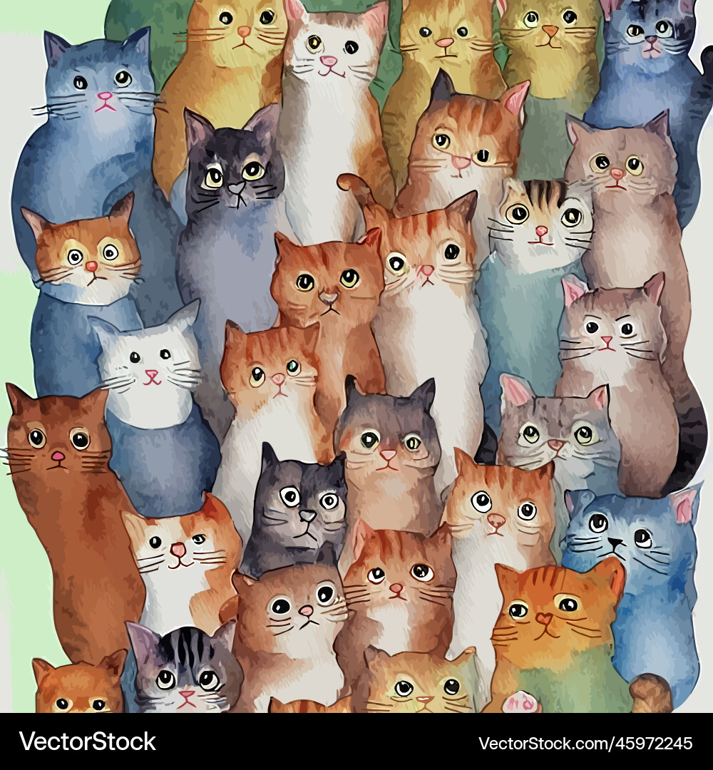 Watercolor cat crowd portrait Royalty Free Vector Image