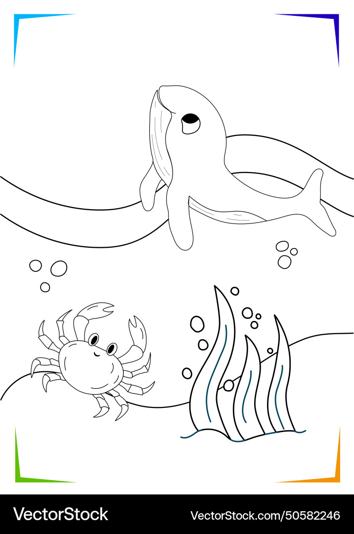 Black and white crab whale seaweed coloring page Vector Image