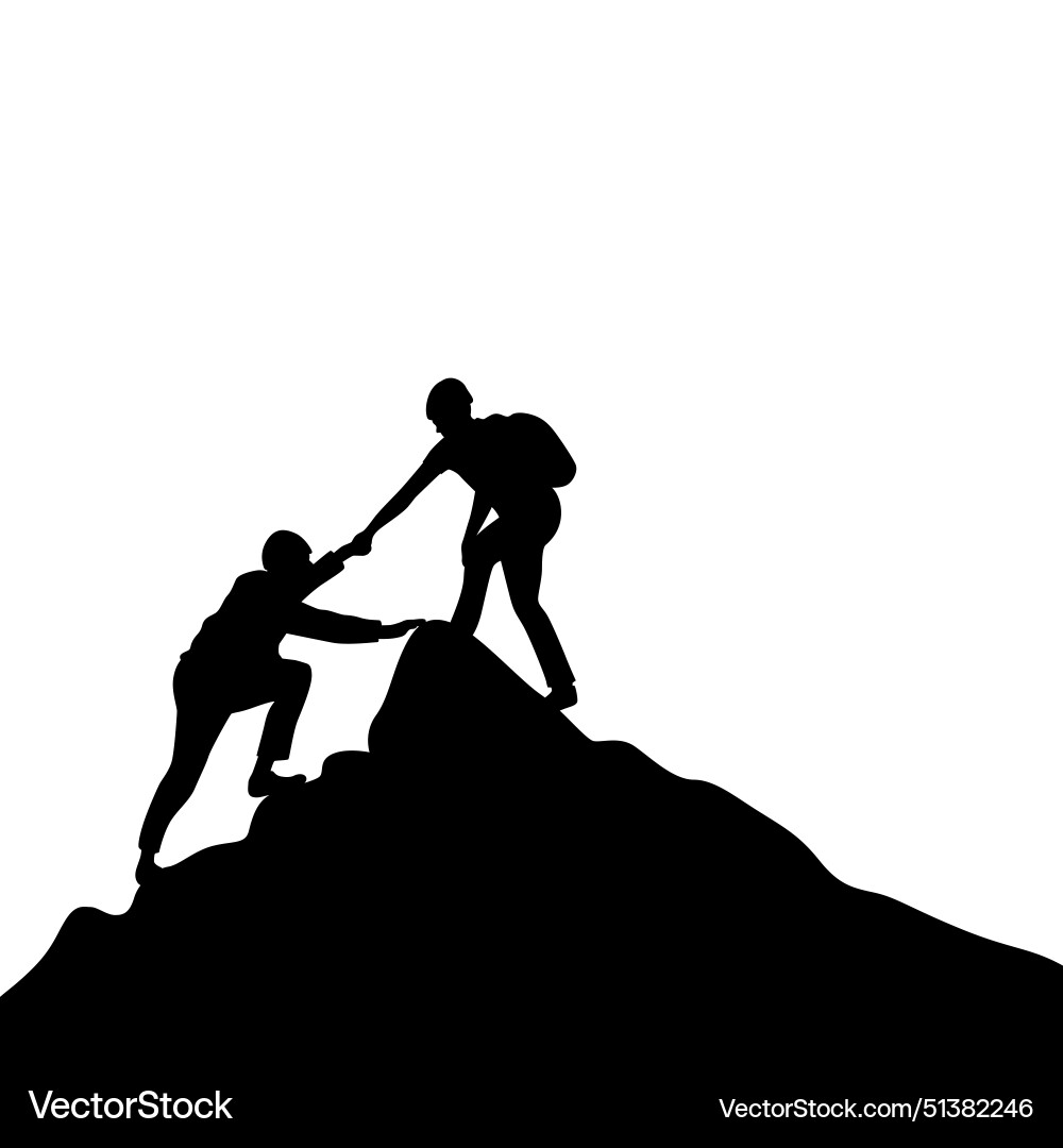 Two people climbing on mountain and helping Vector Image