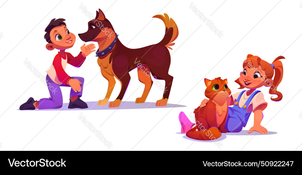 Happy kids playing with pets Royalty Free Vector Image