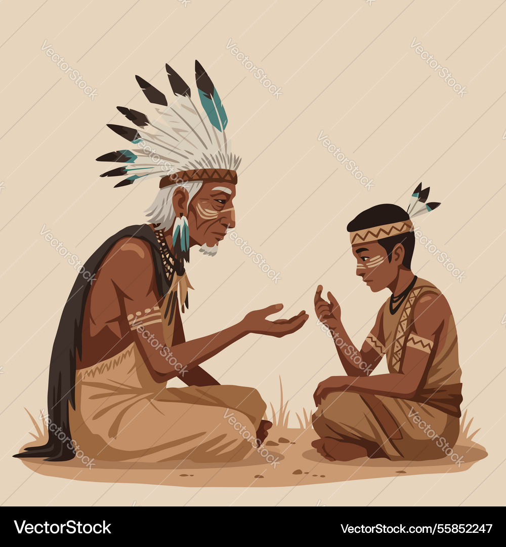 Native american elder teaching boy sitting down Vector Image